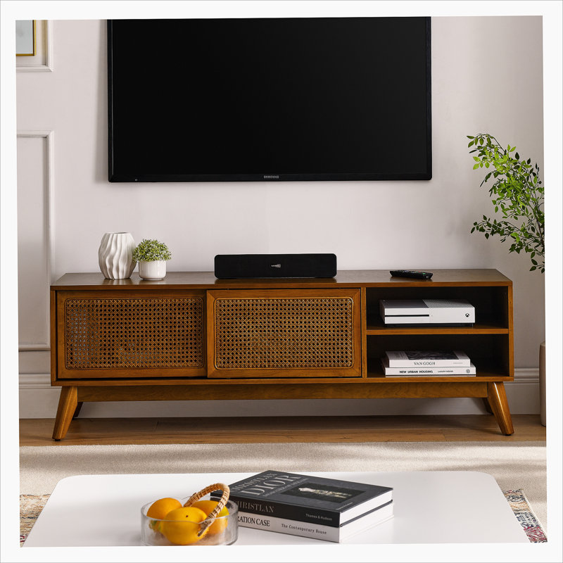 Mid Century Modern Rattan TV Stand for 65 Inch TV Entertainment Cabinet Brown